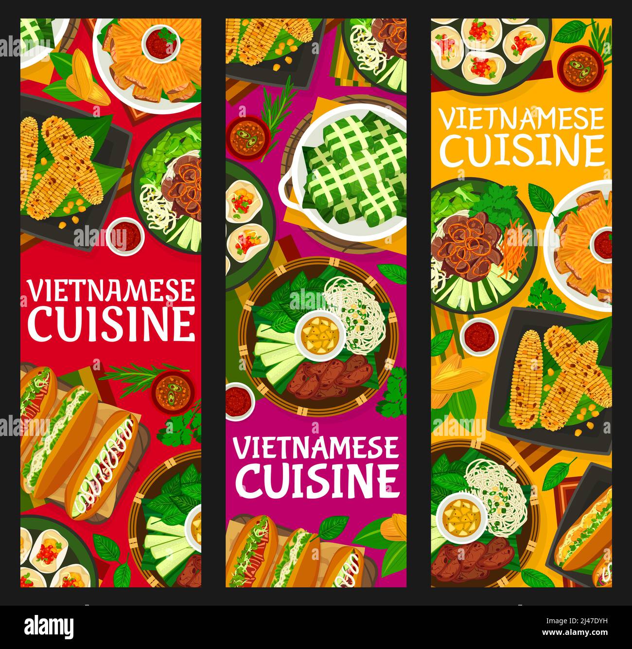 Vietnamese restaurant meals banners. Beef noodle salad, meat and ...