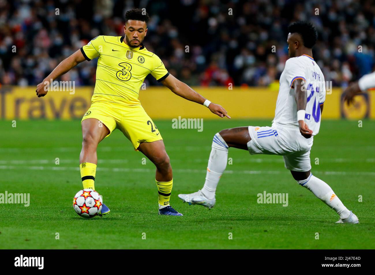 MADRID, SPAIN - APRIL 12: Reece James of Chelsea FC and Vinicius Junior of Real Madrid during ...