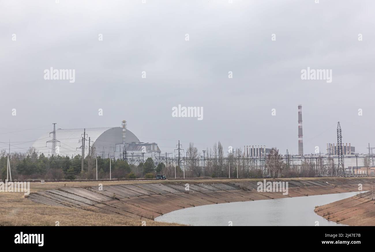 Panorama image of Chernobyl nuclear power plant with a new safe ...