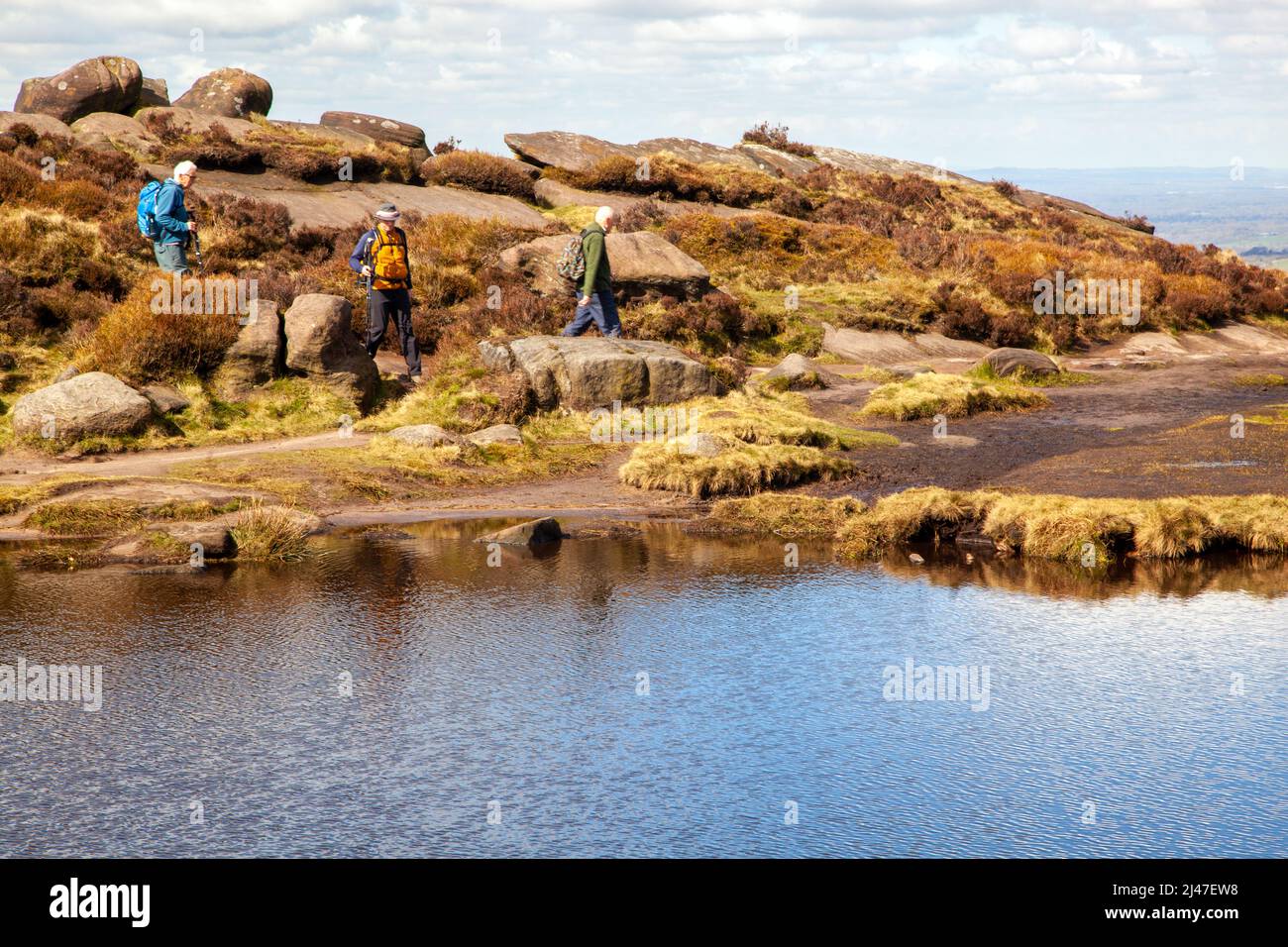 Men hill walking past Doxey Pool in the Peak District on the Roaches ...