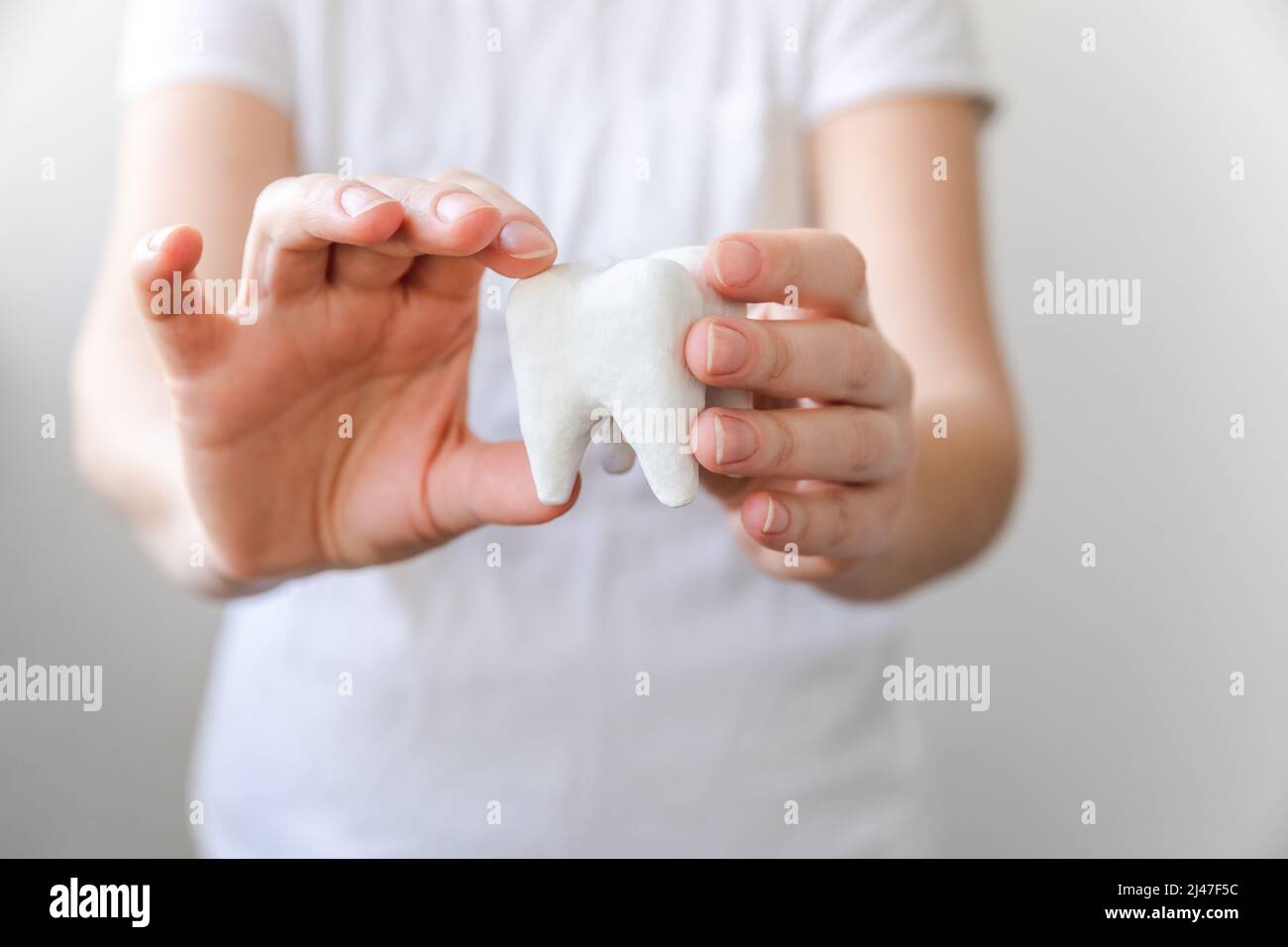 Health dental care concept. Woman hand holding white healthy tooth ...