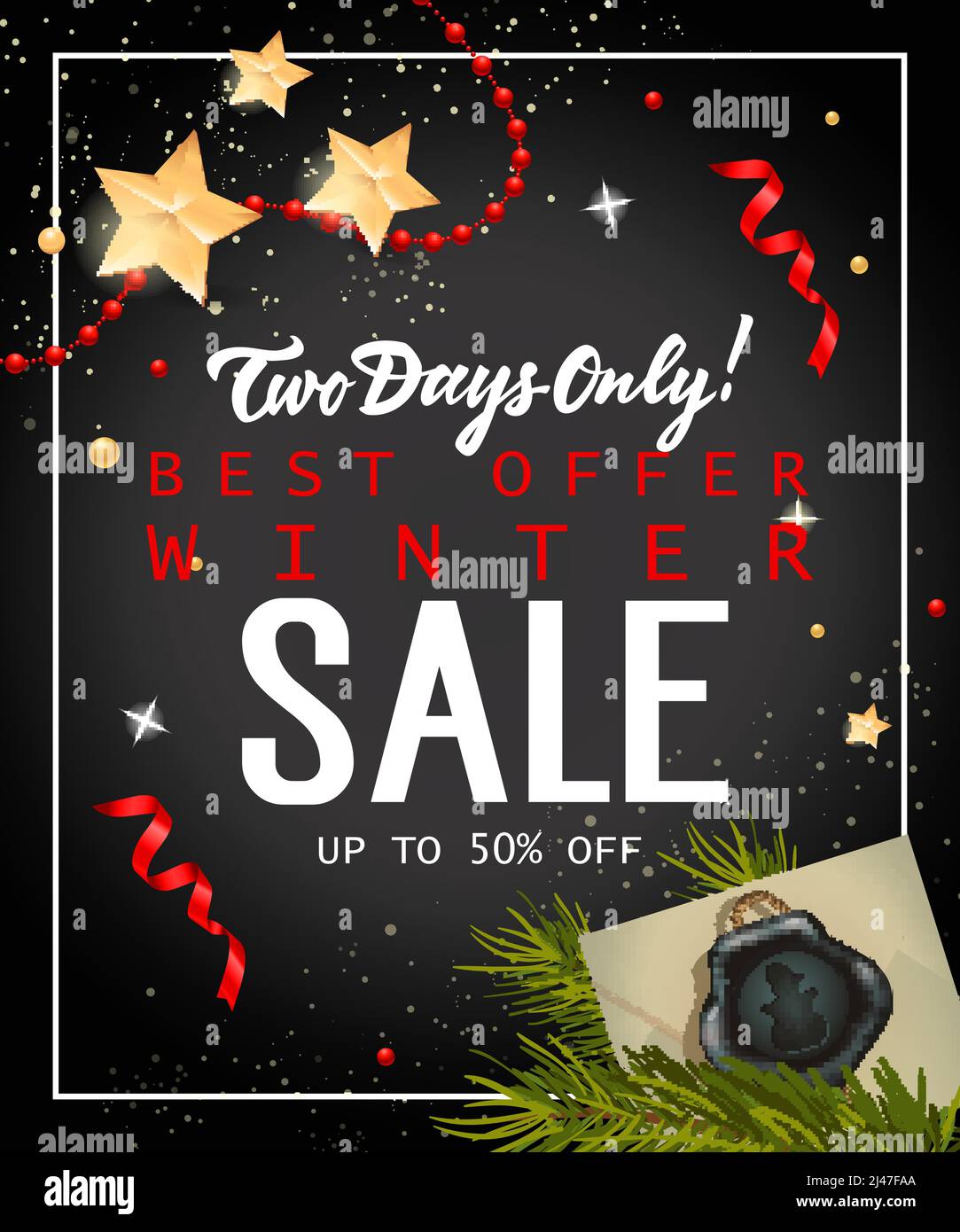 Two days only and winter sale lettering with fir sprigs, envelope and ...