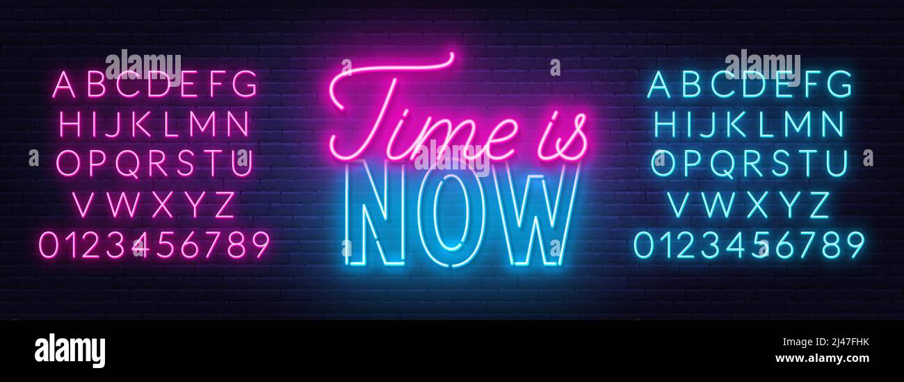 Time is Now neon quote on a brick wall. Inspirational glowing lettering ...