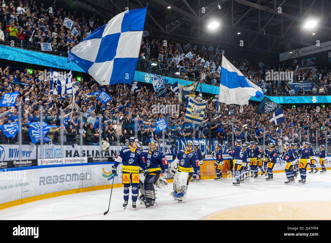 Zug, Switzerland - 12-04-2022, The Zug players are celebrated by their ...