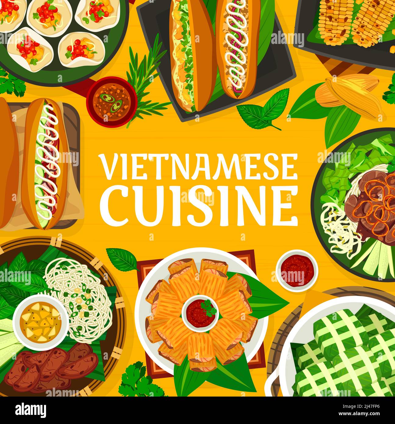 Vietnamese cuisine restaurant food menu cover. Chips with seafood, meat ...