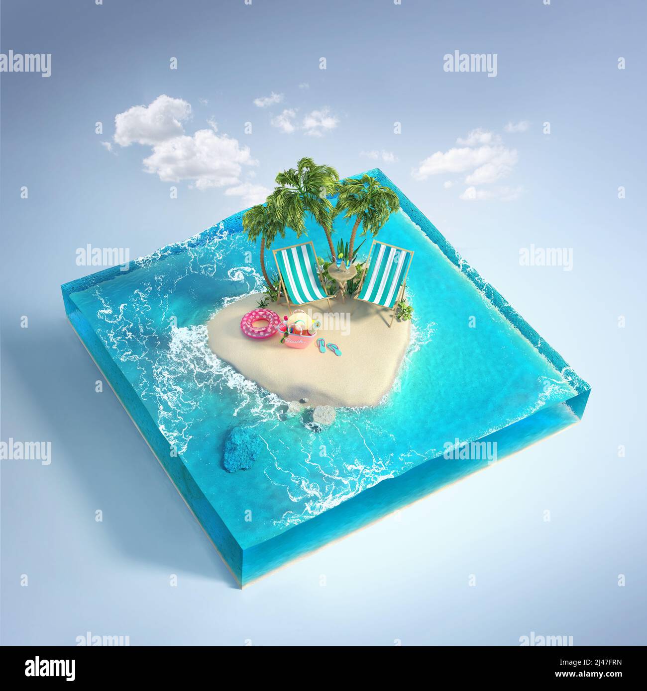 Travel and vacation background. 3d illustration with cut of the sea and ...