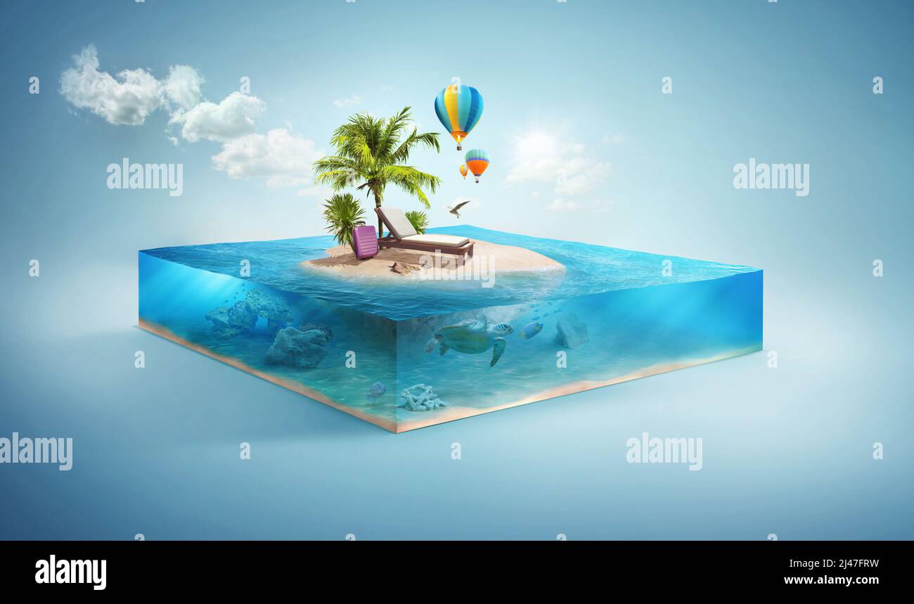 Travel and vacation background. 3d illustration with cut of the sea and ...