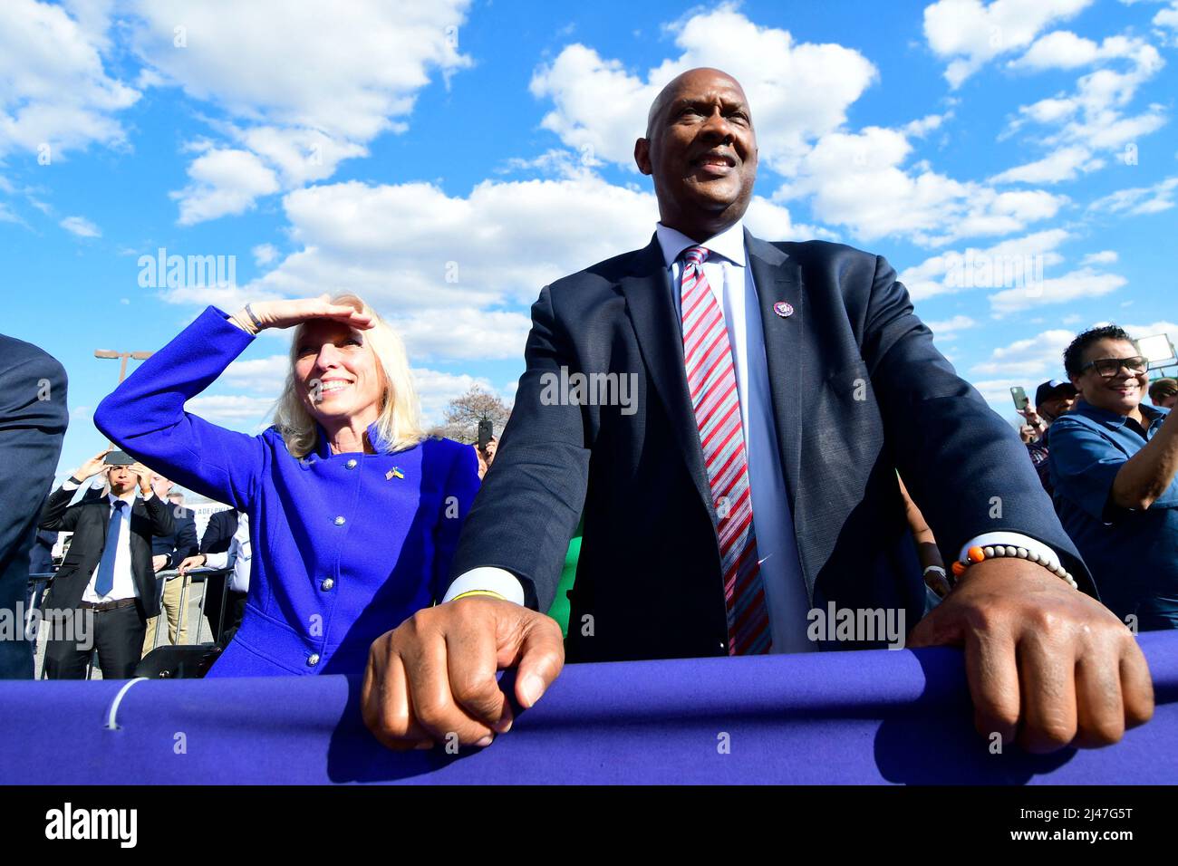 Congresswoman Mary Gay Scanlon and Congressman Dwight Evans listen as ...