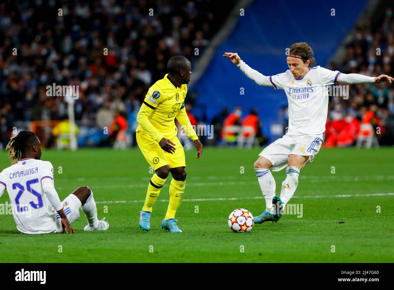 MADRID, SPAIN - APRIL 12: Luka Modric of Real Madrid and N'Golo Kante ...