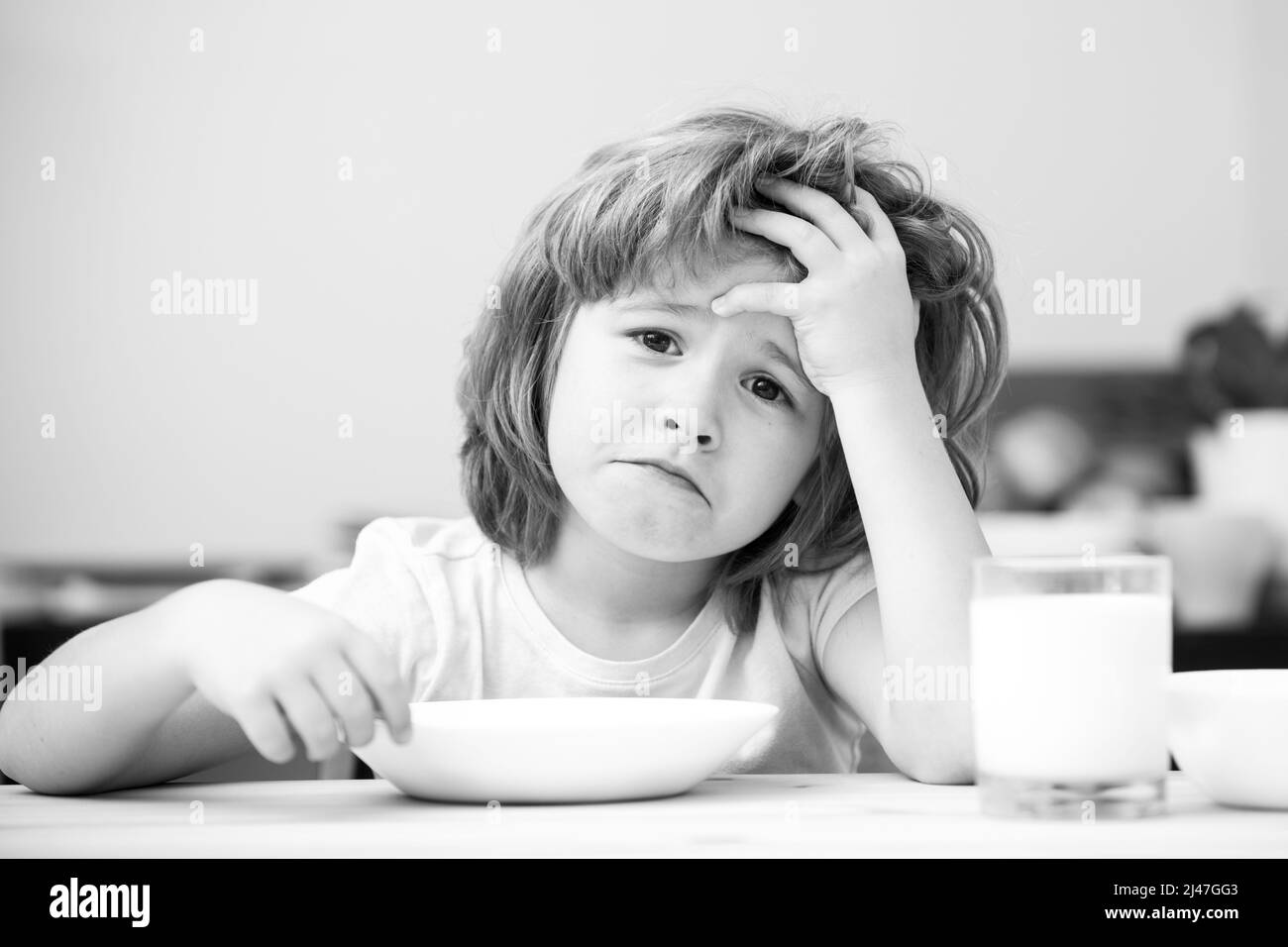 Not hungry. Kid refusing to eat. Child have no appetite. Upset little ...