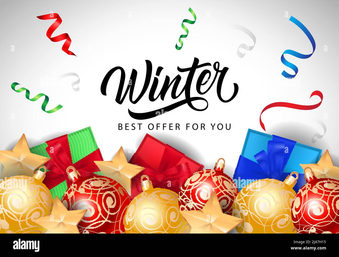 Winter best offer lettering with baubles, present boxes and streamer on ...