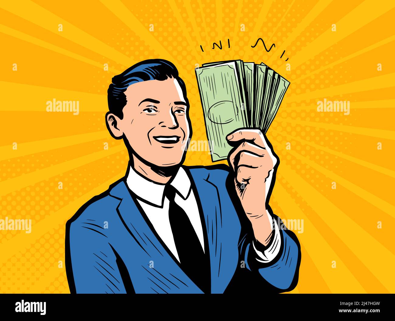 Successful businessman holding cash money in retro comic pop art ...