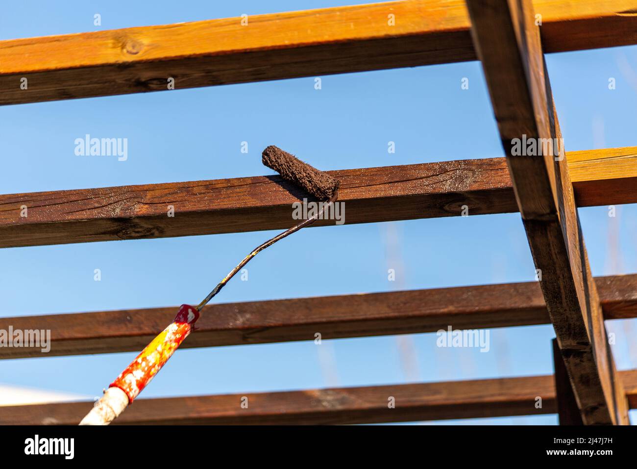 Roller with wood painting work. Dark walnut wood paint Stock Photo - Alamy