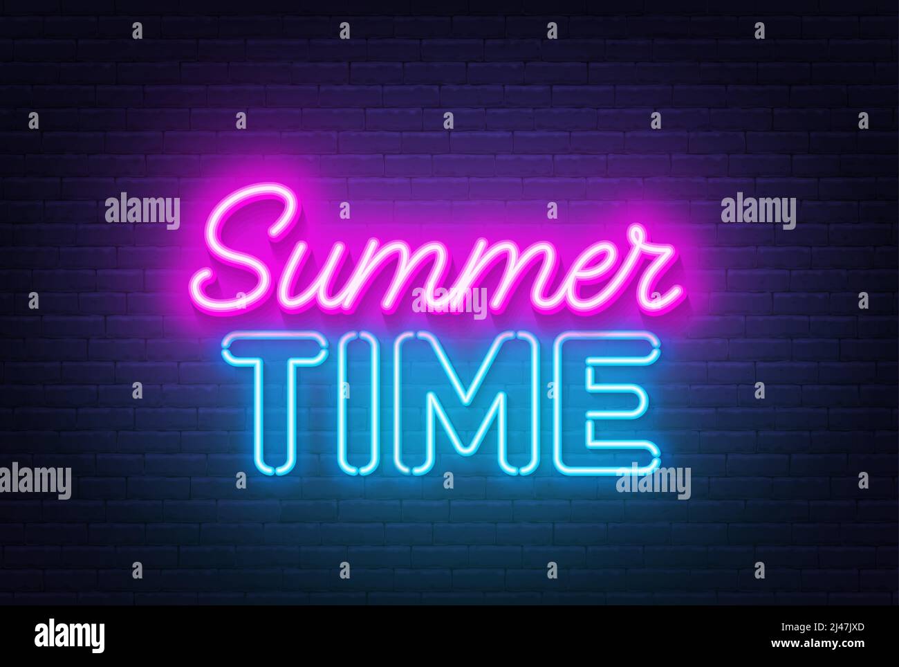 Summer Time neon quote on a brick wall. Inspirational glowing lettering ...