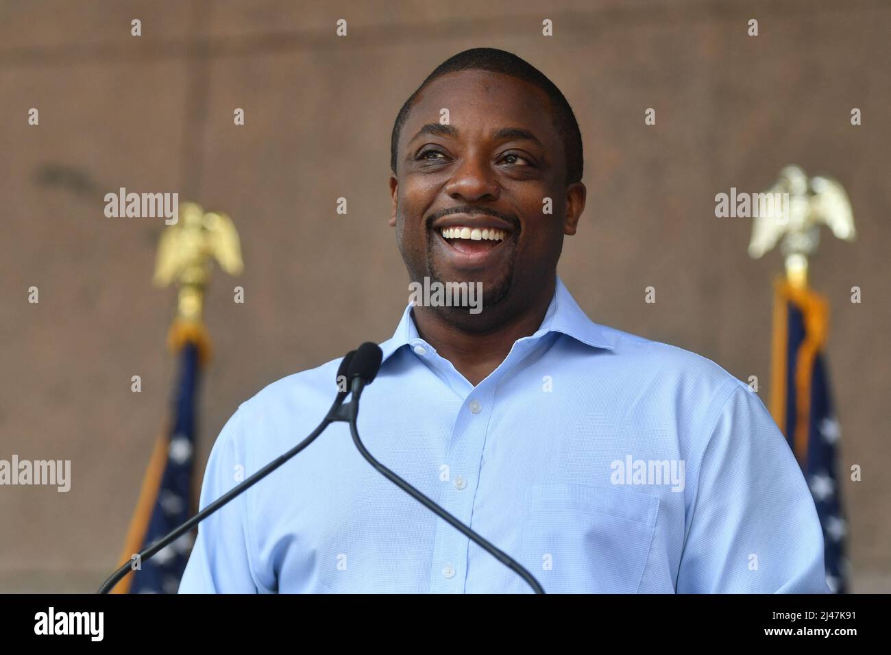 Senator Brian Benjamin speaks at the State office building in Harlem on ...