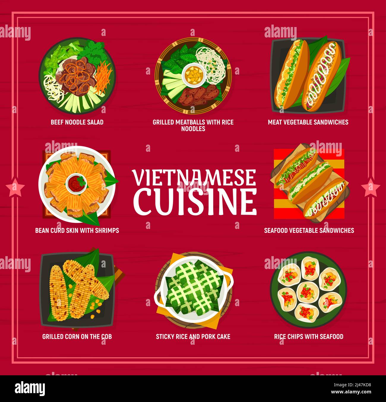 Vietnamese cuisine menu design template. Beef noodle salad, sticky rice ...
