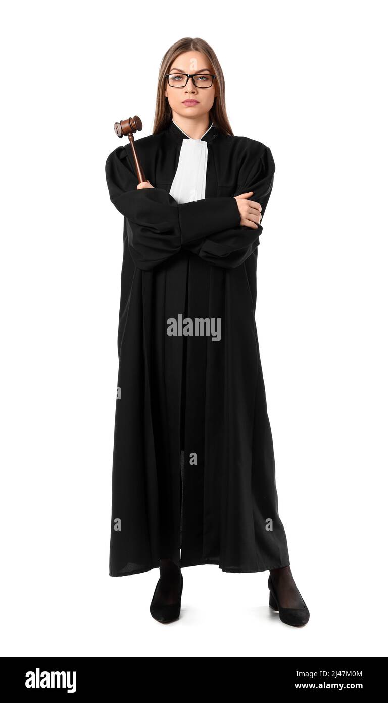 Young female judge with gavel on white background Stock Photo - Alamy