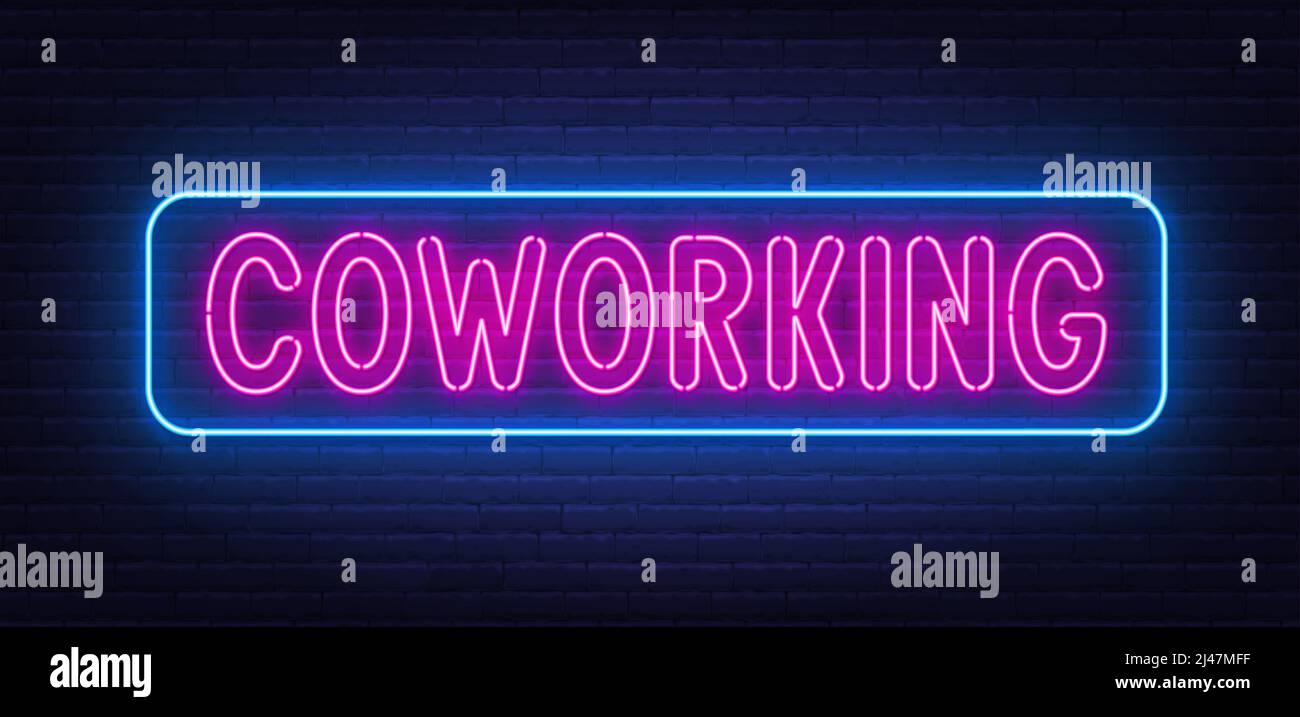 Coworking neon sign on brick wall background. Vector illustration Stock ...