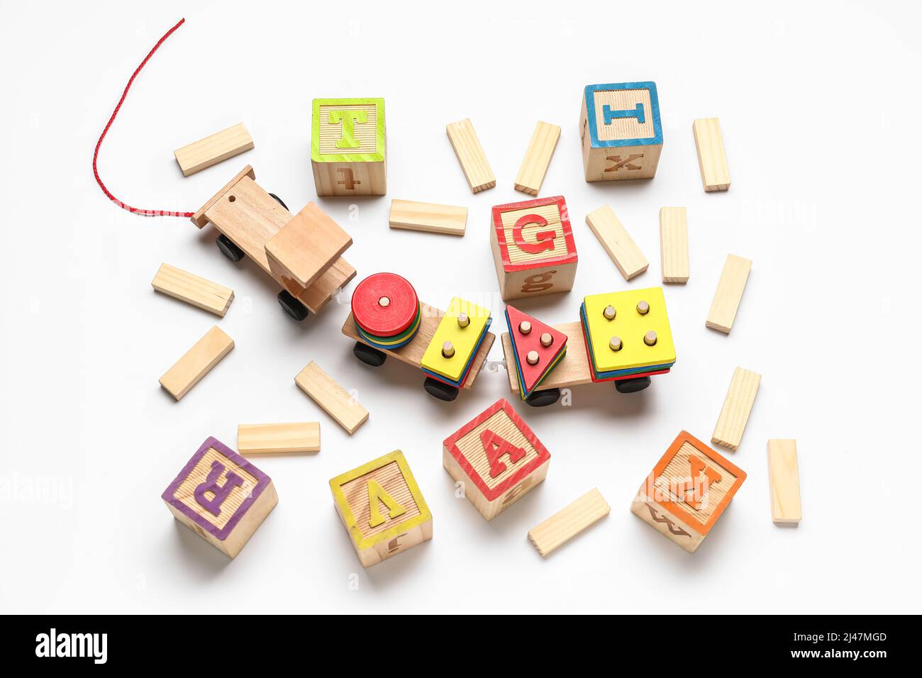 Wooden cubes with letters and blocks on white background Stock Photo ...