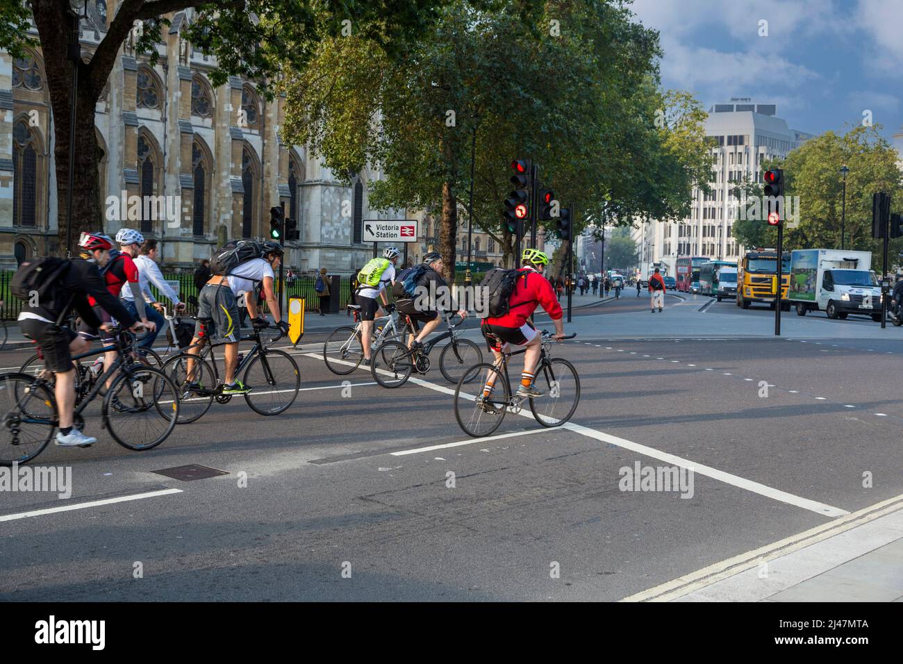 UK, England, London. Cyclists in Morning Rush Hour, Westminster Stock ...