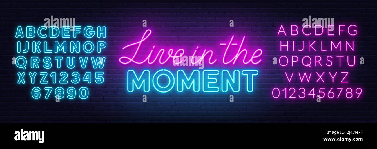 Live in the Moment neon lettering on brick wall background . Pink and ...