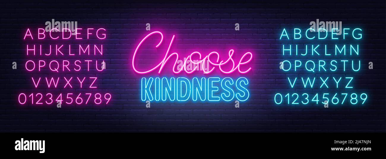 Choose Kindness neon lettering on brick wall background. Pink and blue ...