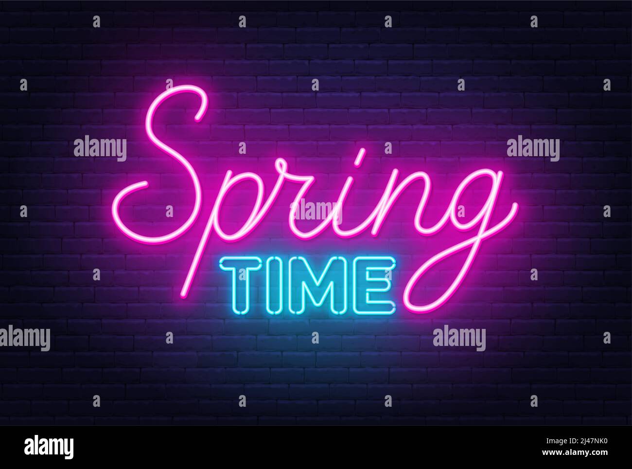 Spring Time neon quote on a brick wall. Inspirational glowing lettering ...