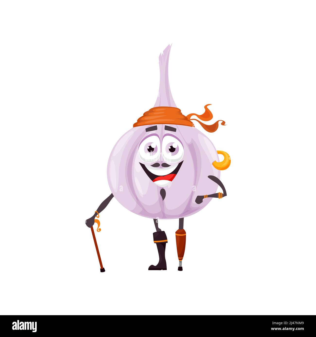Garlic head pirate veggie on one leg with stick, funny buccaneer in ...