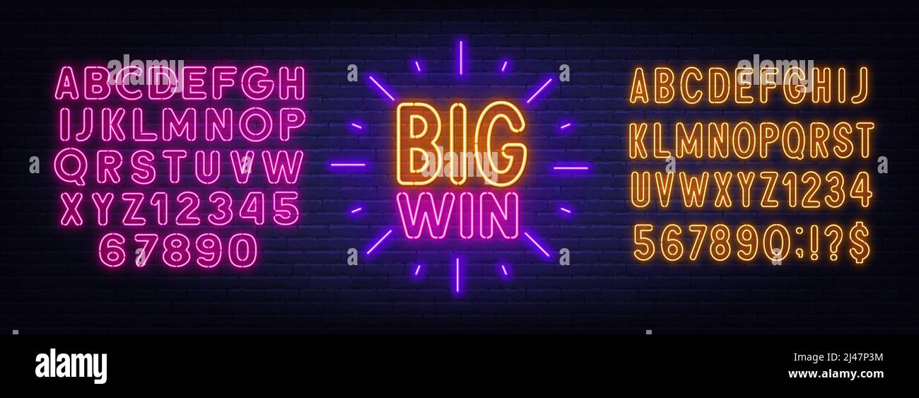 Big Win neon sign on brick wall background. Pink and yellow neon ...