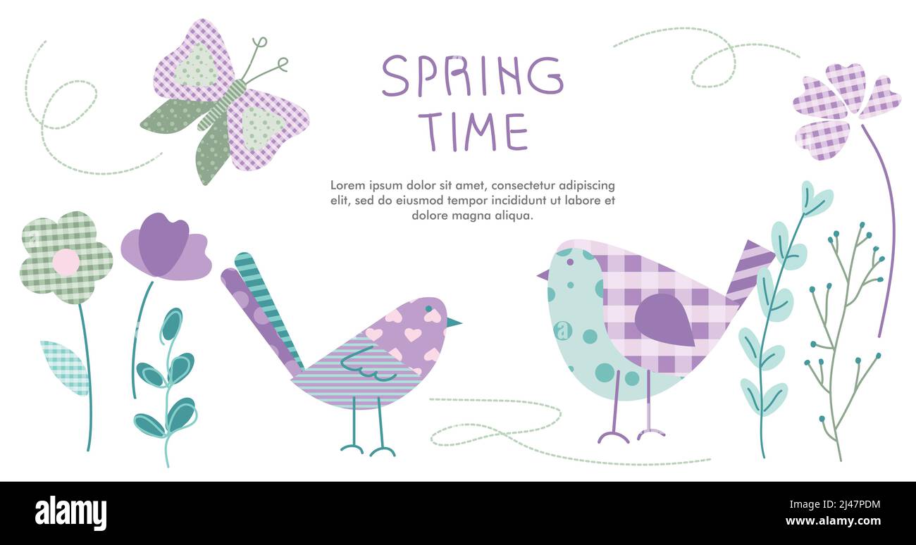 Spring banner with bird or dove, butterfly and flowers in pastel colors ...