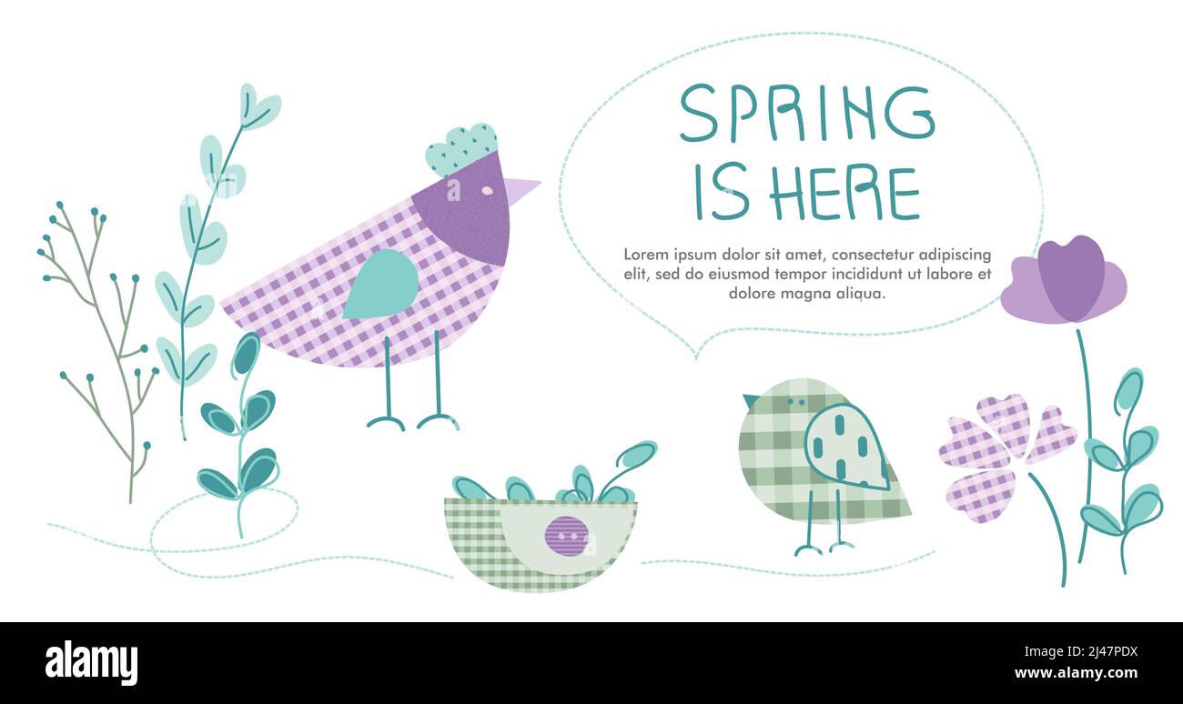 Spring banner with bird or chicken, chick, flowers, floral in pastel ...