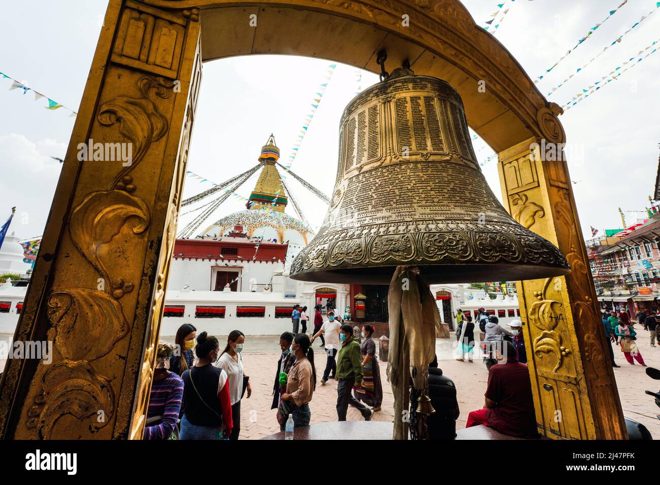 Bell in the temple precinct of the Bodnath Stupa, Buddhist temple in ...