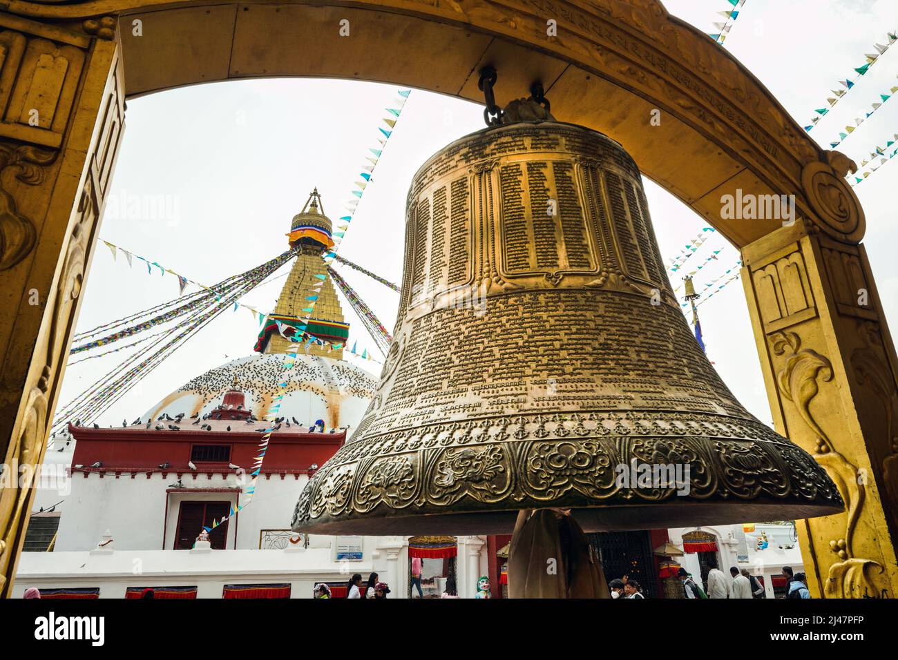 Bell in the temple precinct of the Bodnath Stupa, Buddhist temple in ...