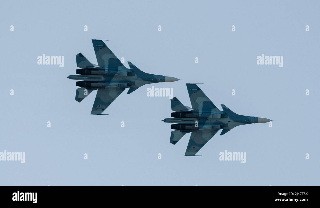 August 30, 2019, Zhukovsky, Russia. Russian multi-role Su-30SM fighters in the sky Stock Photo ...