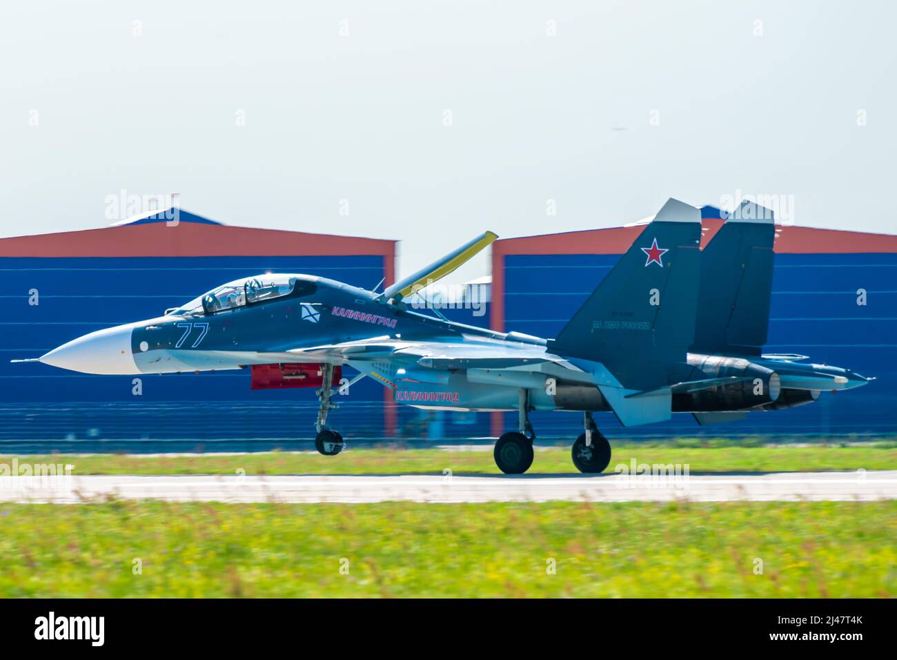 August 30, 2019, Zhukovsky, Russia. Russian multi-role fighter Su-30SM on the runway of the ...