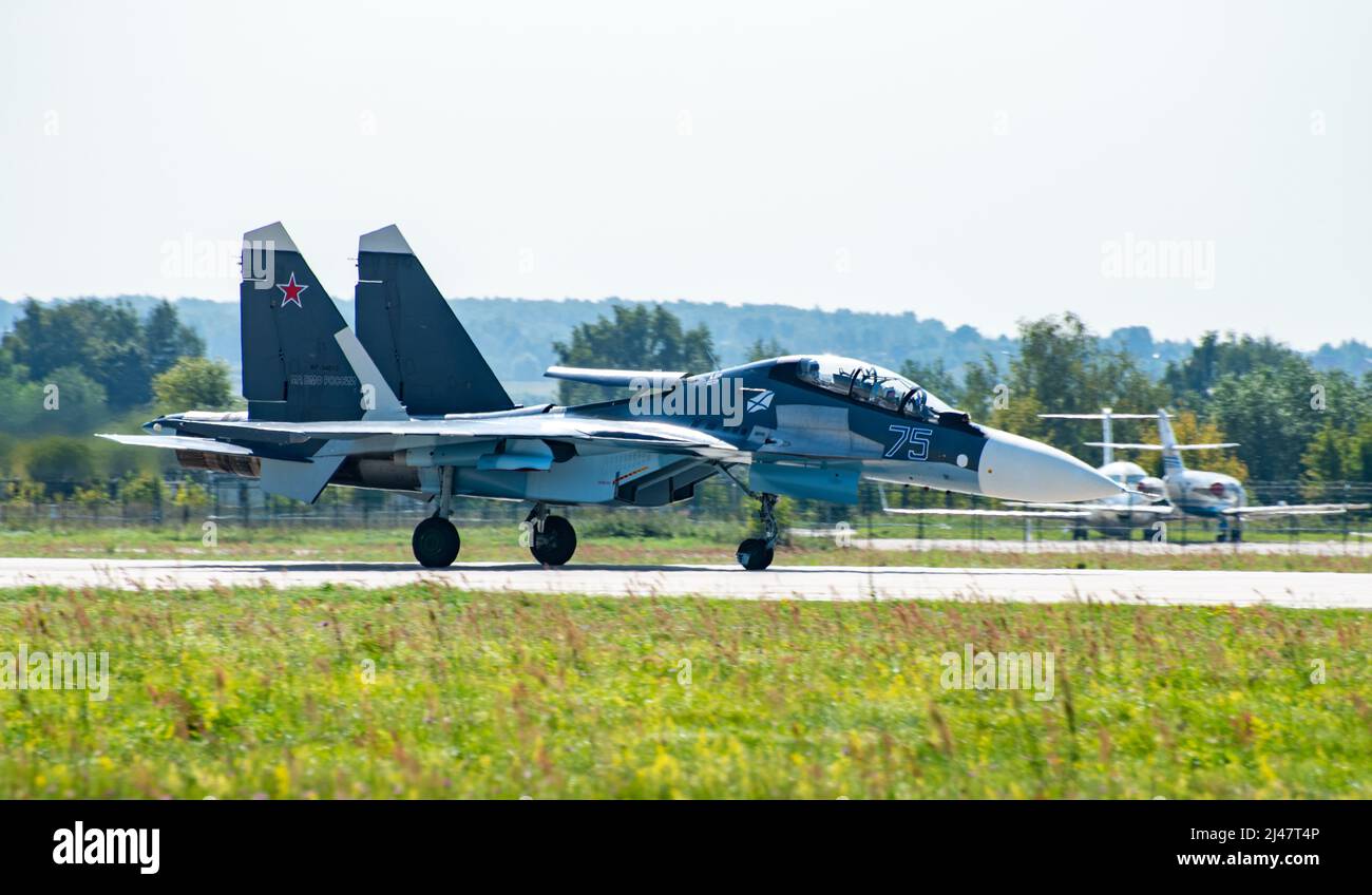 August 30, 2019, Zhukovsky, Russia. Russian multi-role fighter Su-30SM on the runway of the ...