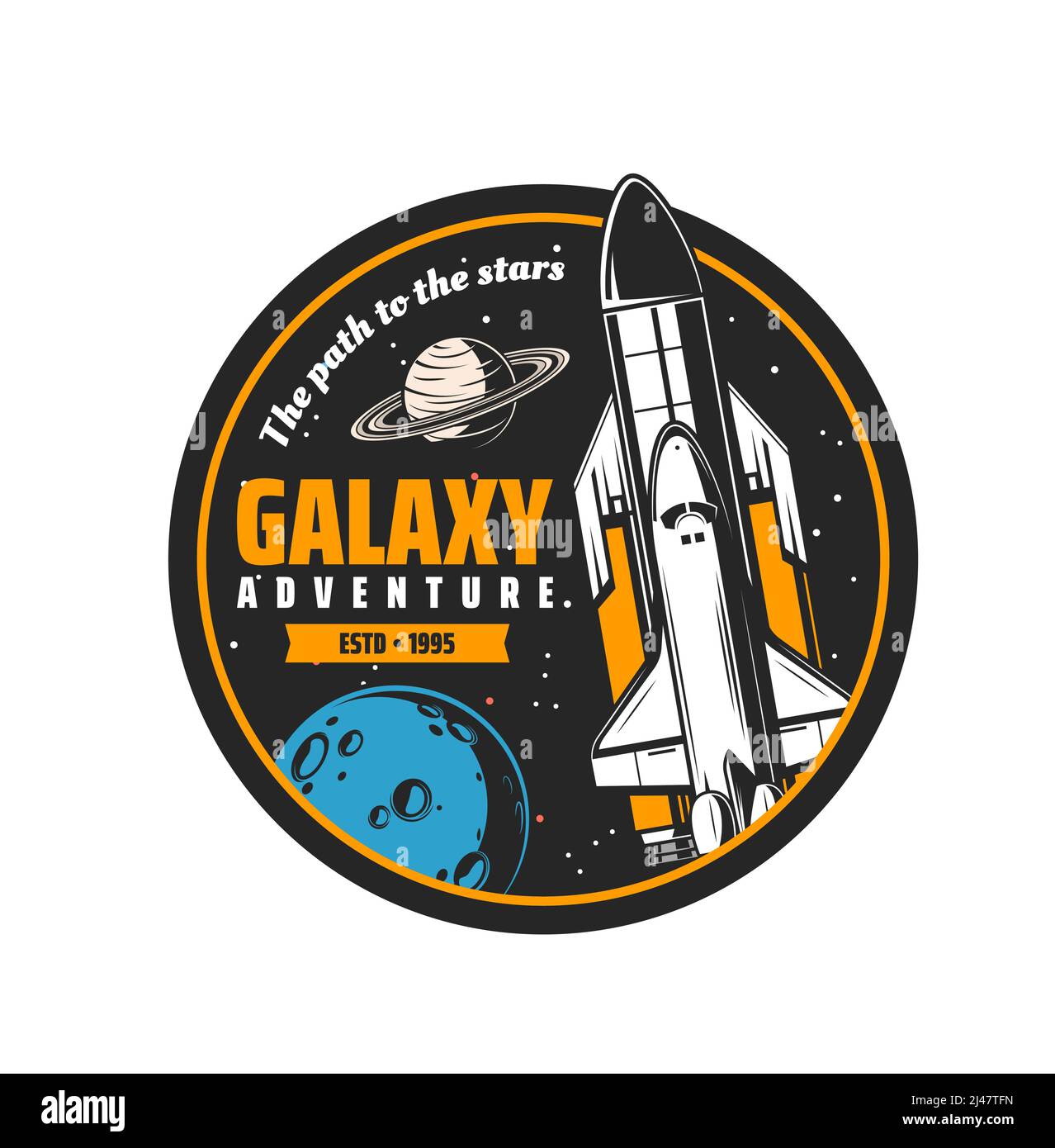 Galaxy adventure, spaceship in space and planets, vector shuttle rocket ...