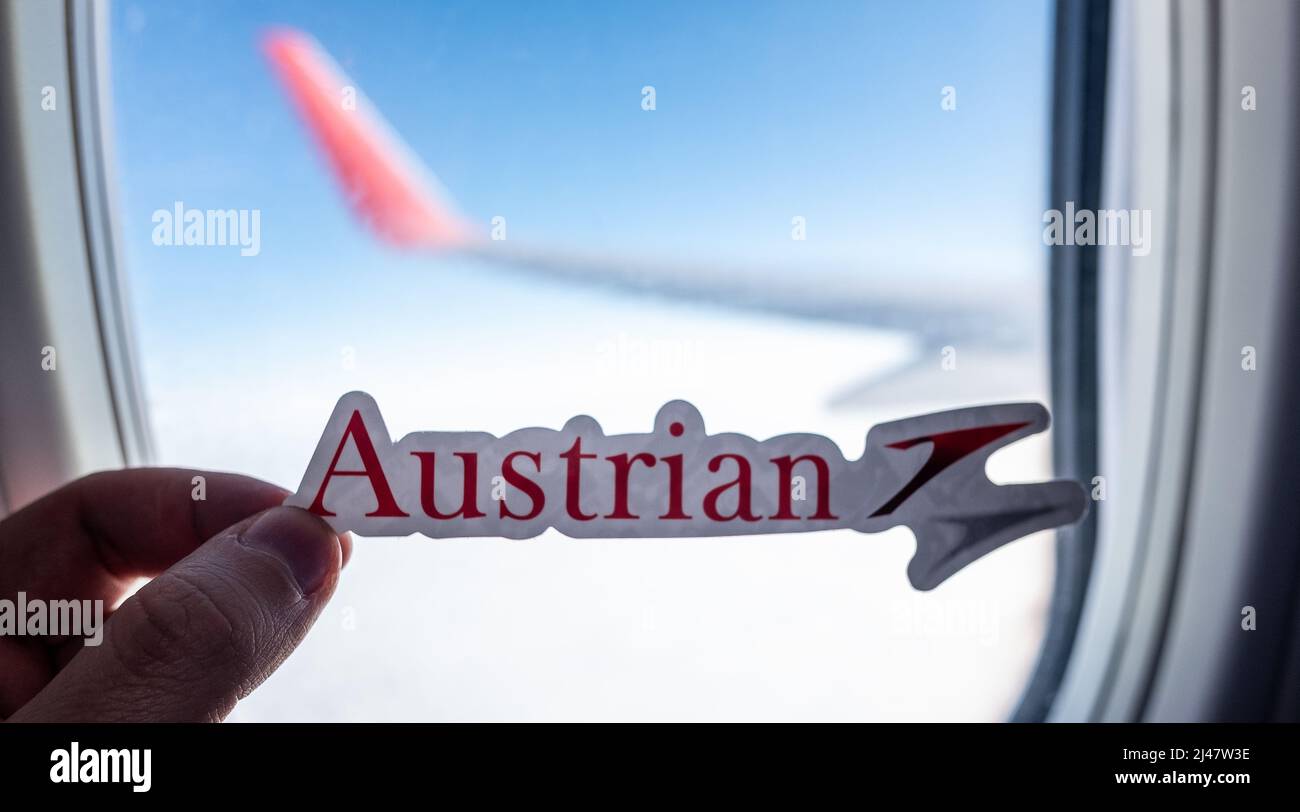 December 6, 2021, Vienna, Austria. The emblem of Austrian Airlines ...