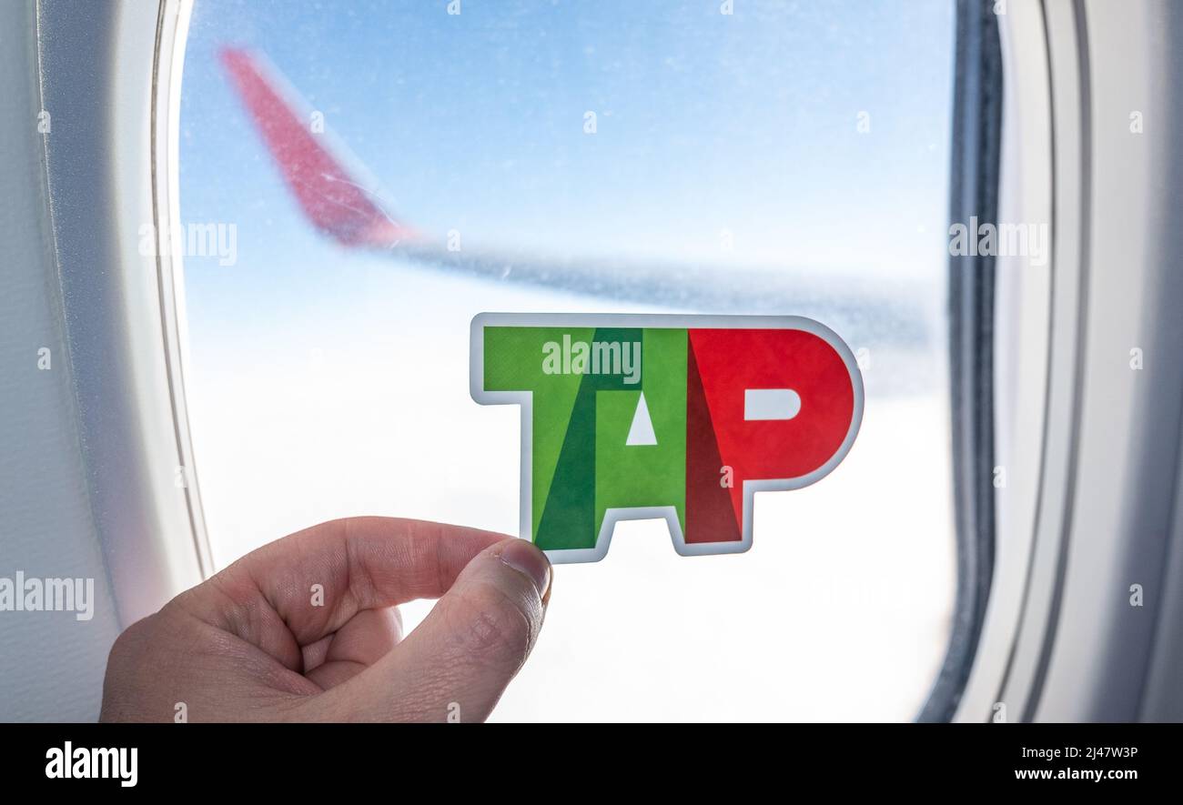 December 6, 2021, Lisbon, Portugal. Emblem of the airline TAP Portugal ...