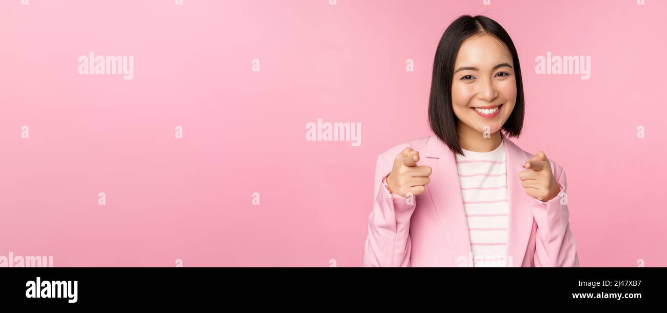 Its you, congrats. Smiling enthusiastic korean corporate lady ...