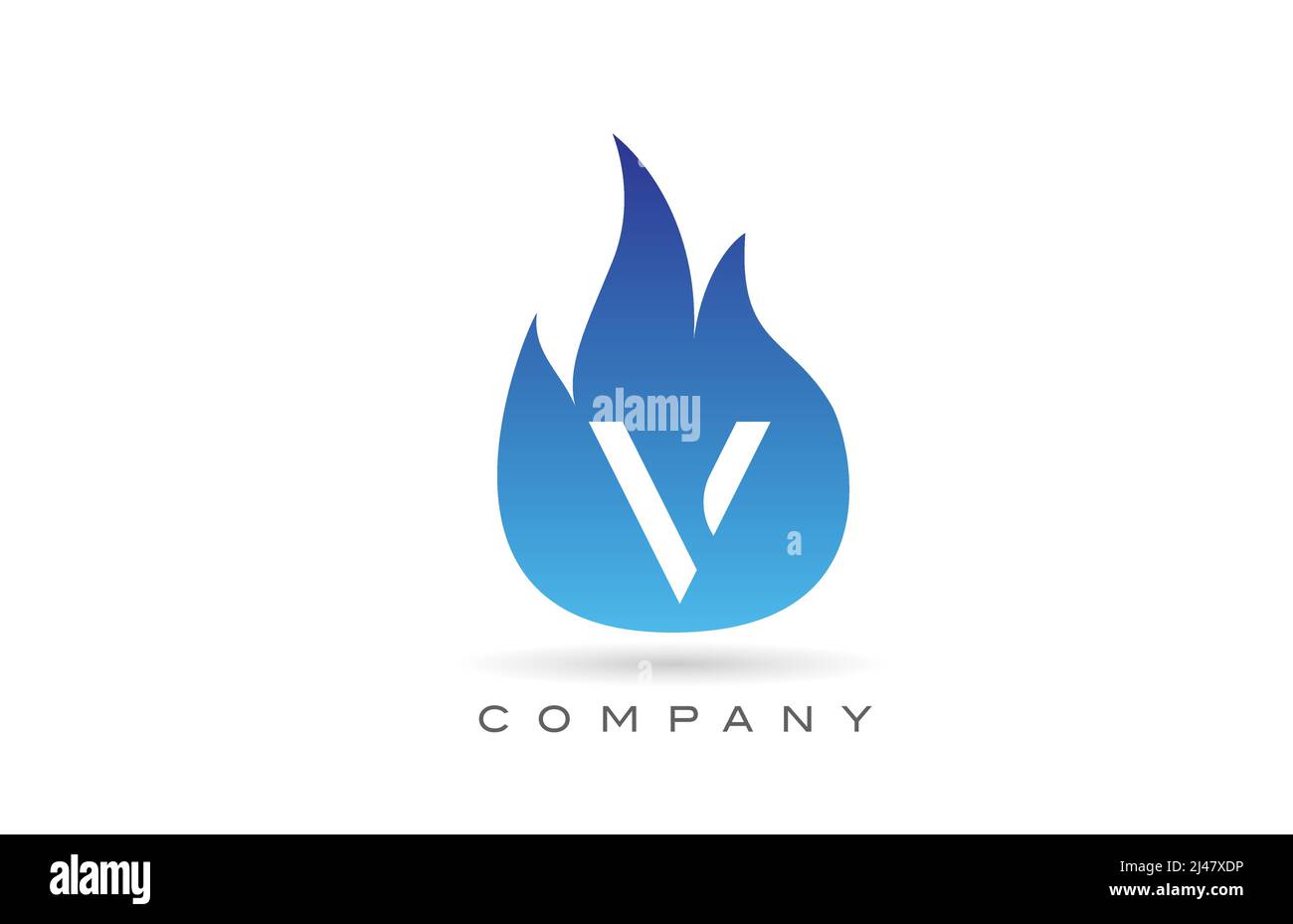 V blue fire flames alphabet letter logo design. Creative icon template ...