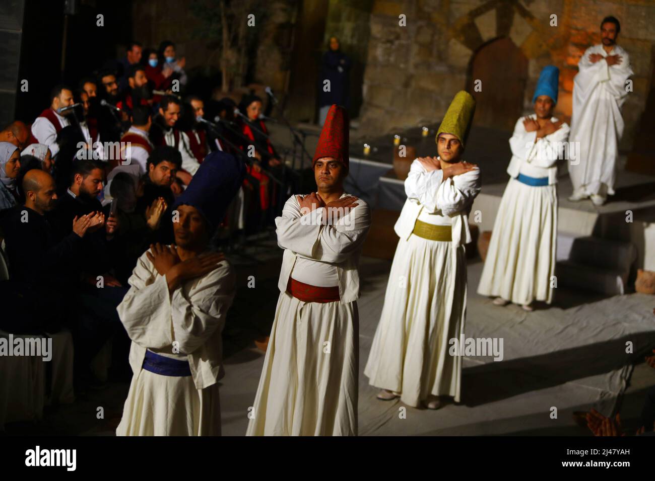 Cairo, Egypt. 12th Apr, 2022. Dancers perform Sufi dance at the Sultan ...