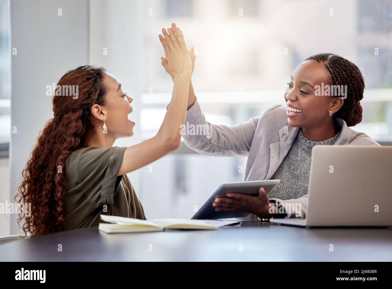 I couldnt have done it without you. Shot of two young female colleagues ...
