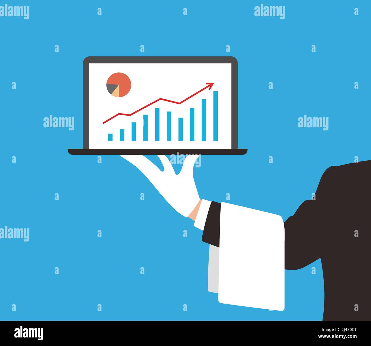 Man holding the plate, computer on the plate, vector illustration Stock ...