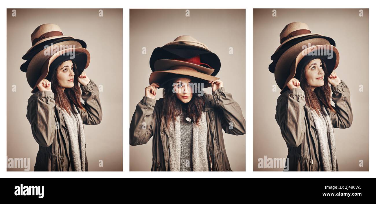 I gotta have the perfect hat before I head out. Composite shot of a ...