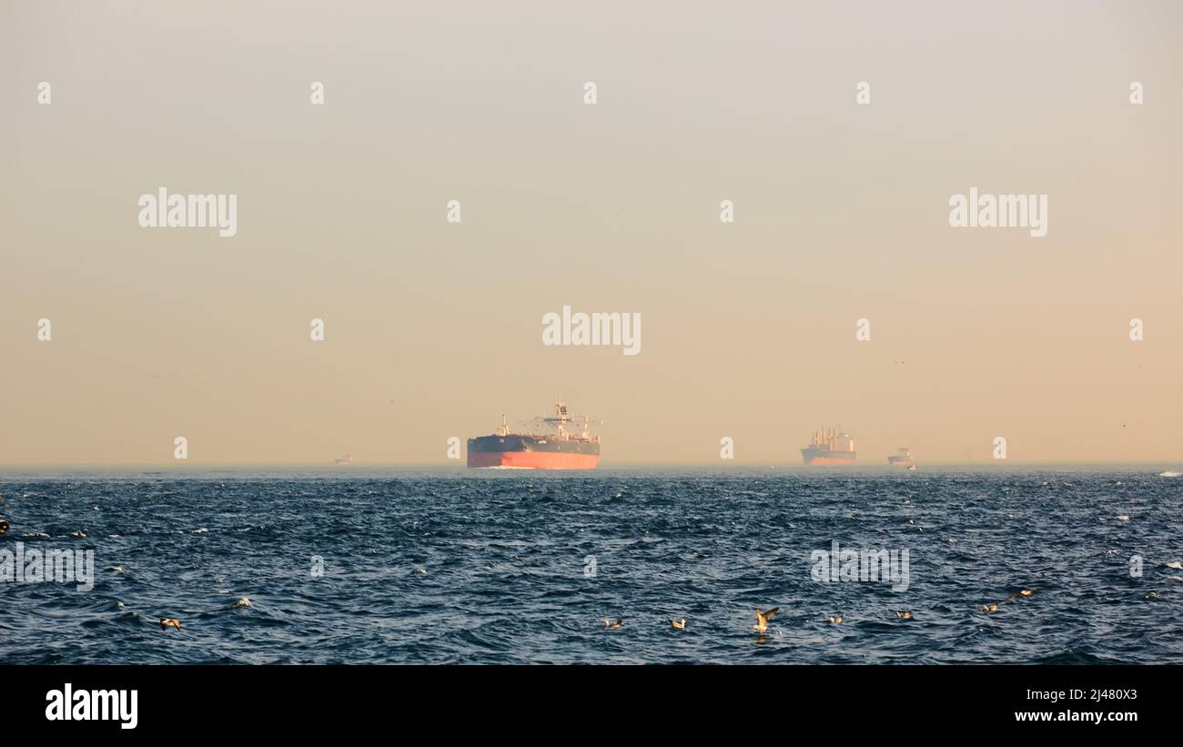 Large cargo container ship passing through Bosphorus, Istanbul, Turkey ...