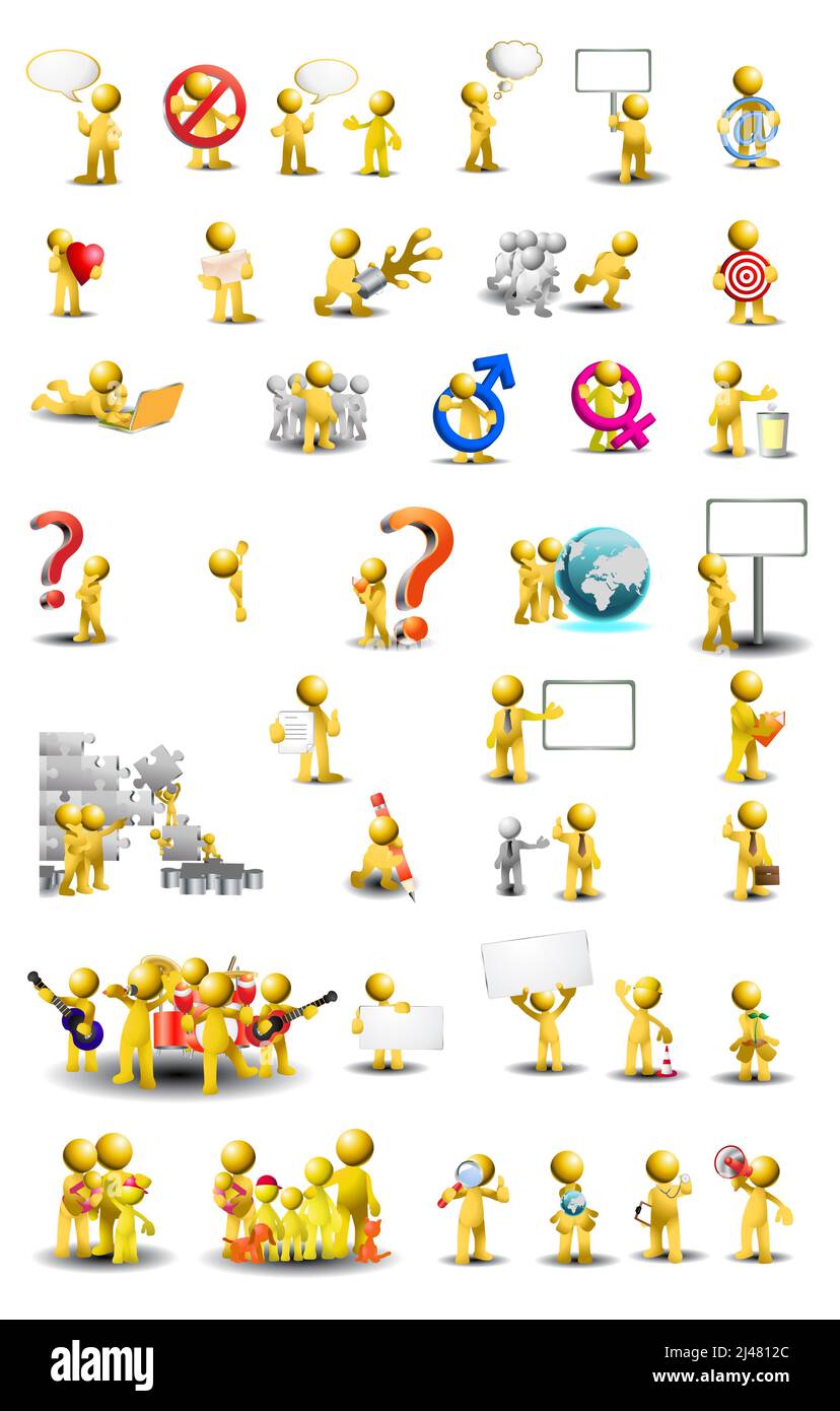 3D illustration of a little golden man set on isolated white background ...