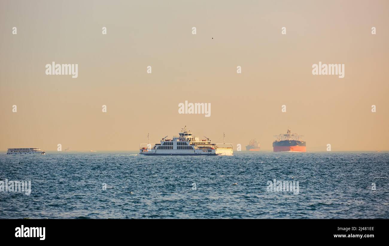Large cargo container ship passing through Bosphorus, Istanbul, Turkey ...