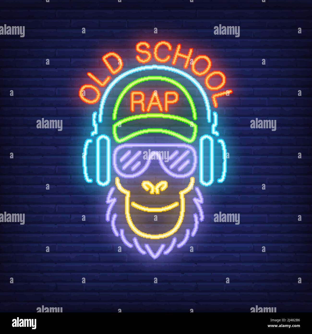 Old school rap neon text and cool monkey in glasses and headphones ...