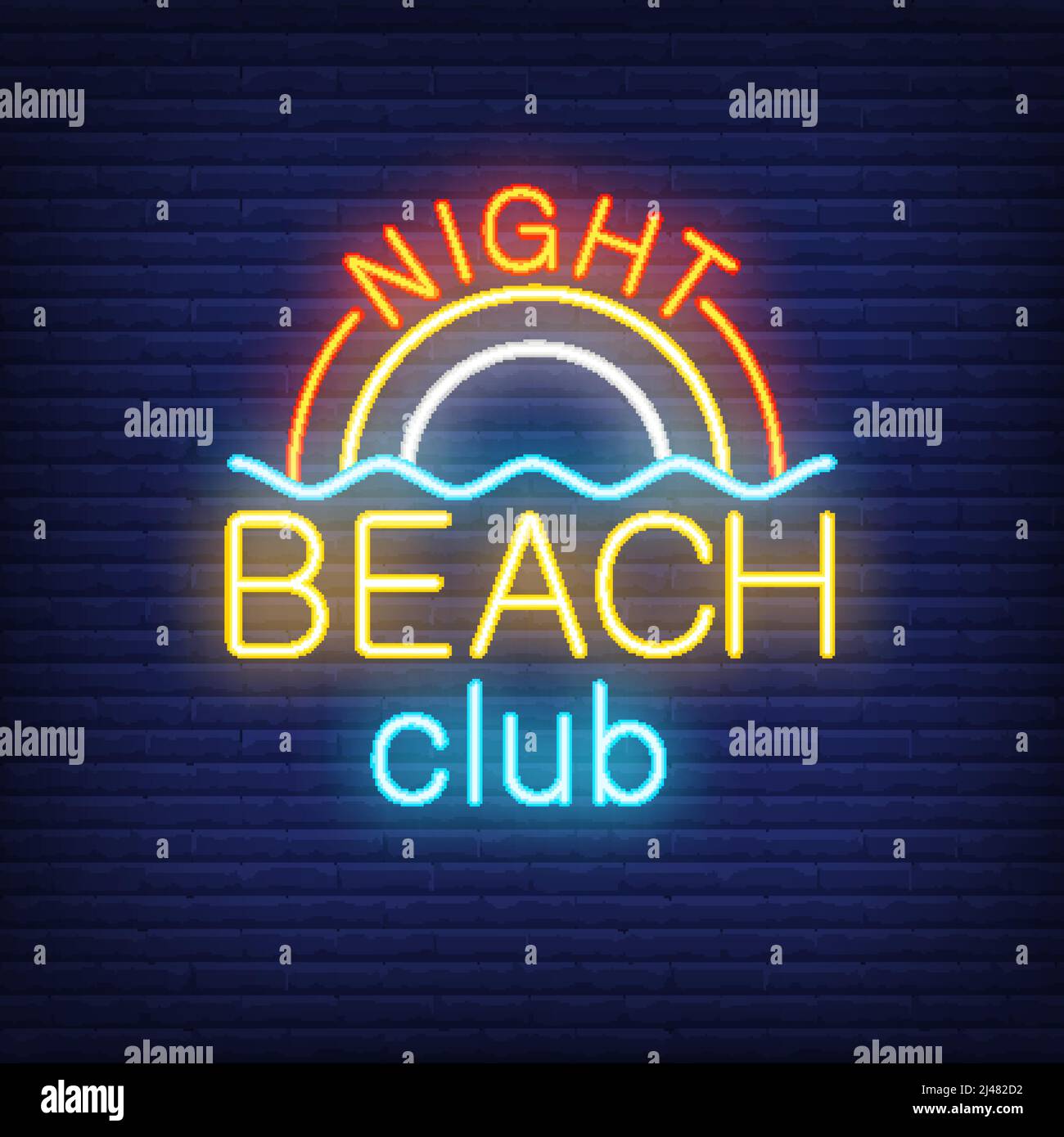 Night Beach Club lettering and rainbow with wave. Neon sign on brick ...
